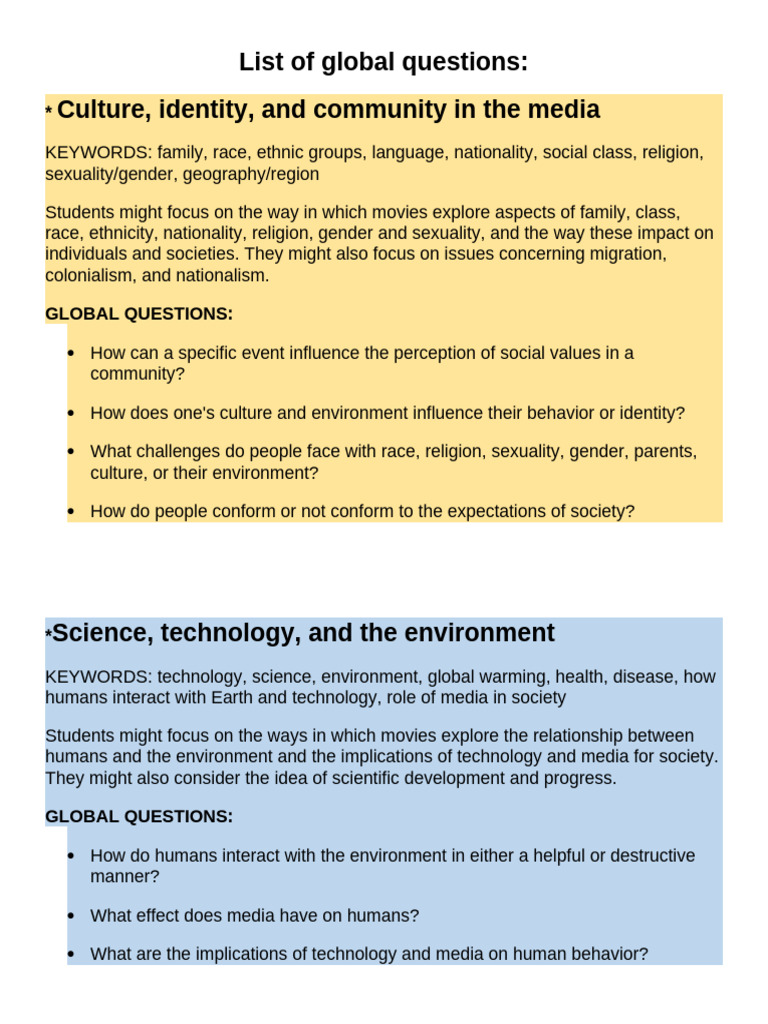 List of Global Questions | PDF | Human | Gender Studies