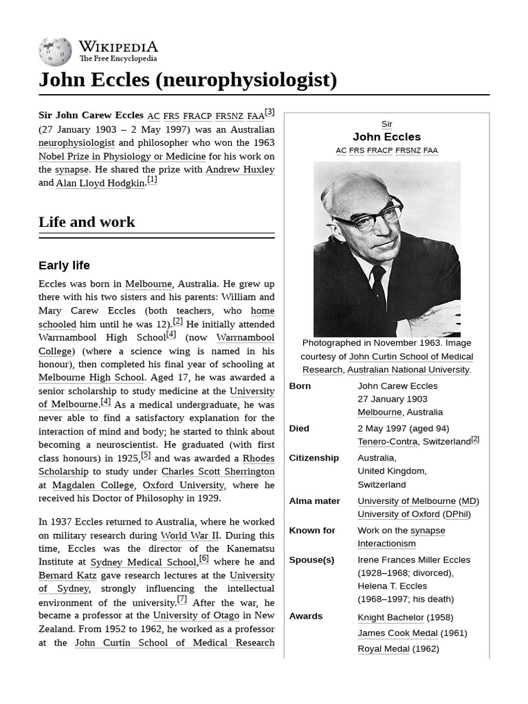 John Carew Eccles: Nobel Neurophysiologist | PDF | Excitatory ...
