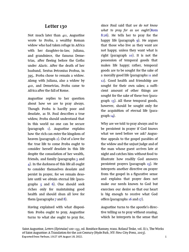 Augustine's Letter 130 to Proba on Prayer | PDF | Lord's Prayer | Prayer