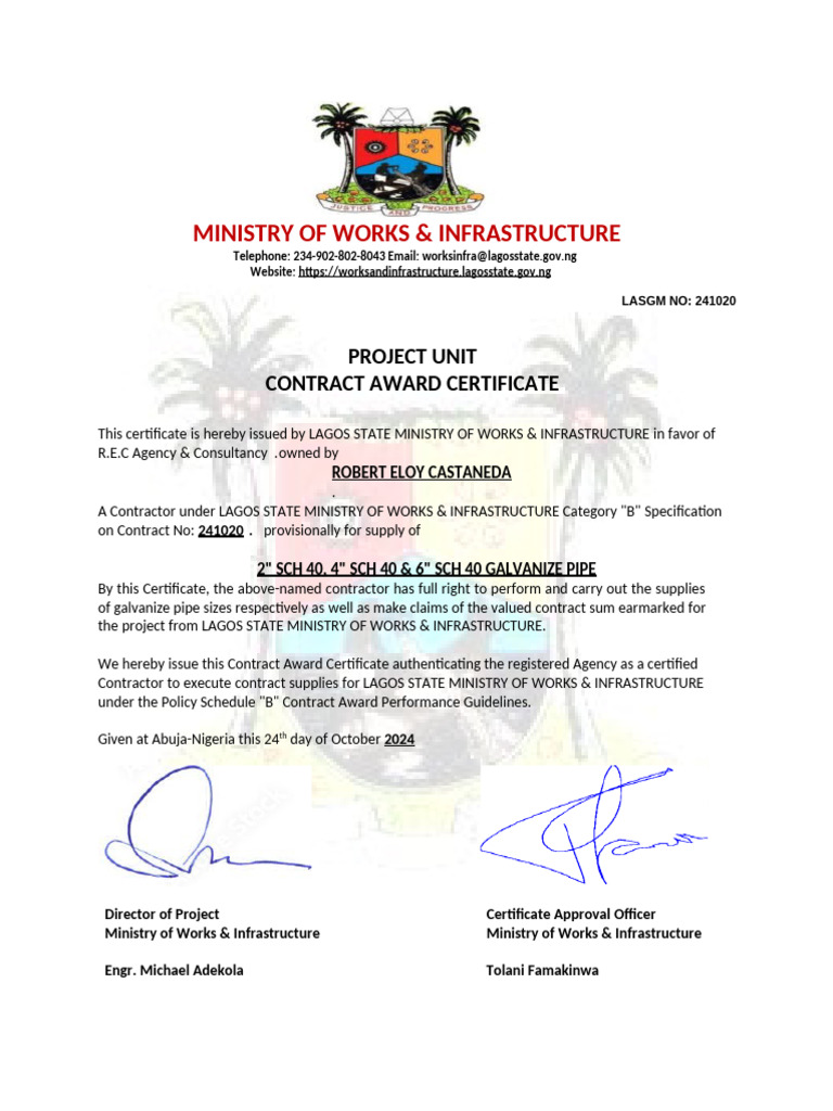 LASG Contract Award Certificate | PDF