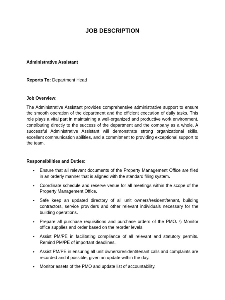 JOB DESCRIPTION For Administrative Assistant | PDF