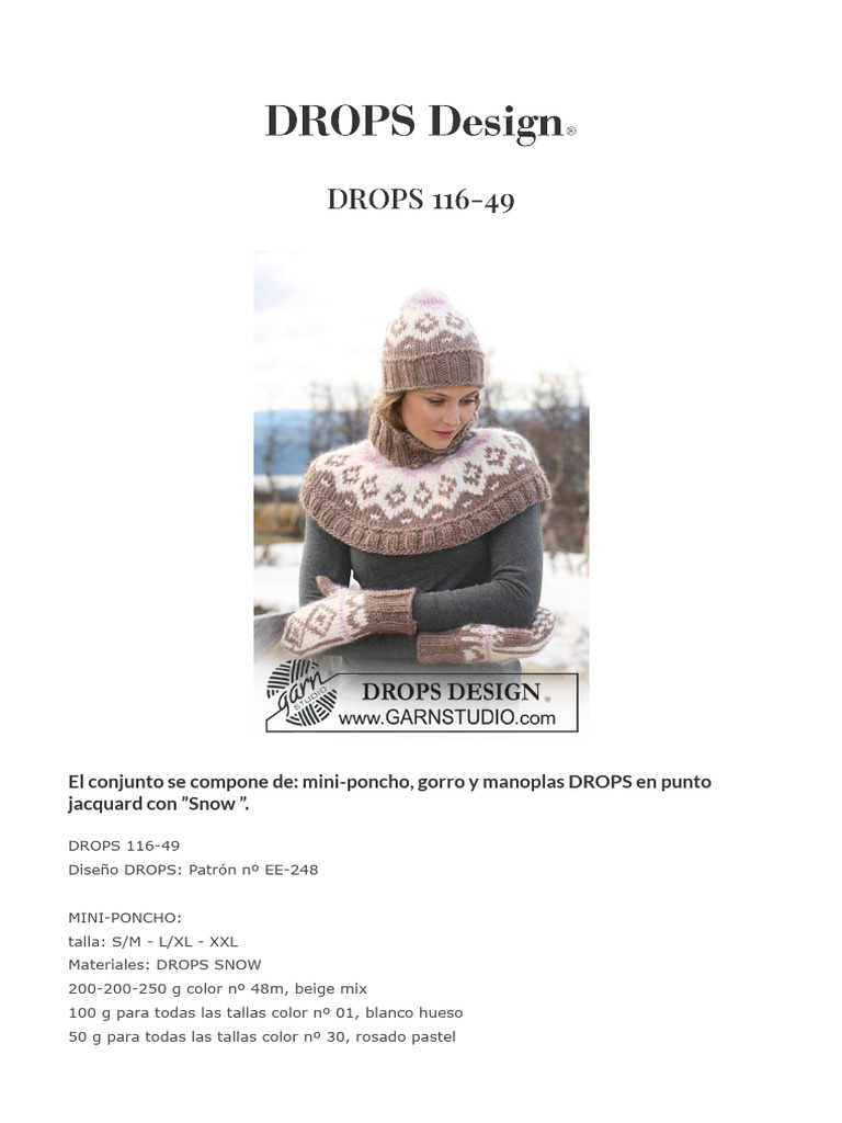 DROPS 116-49 - El conjunto se compone de_ mini-poncho, gorro y manoplas DROPS en punto jacquard ...