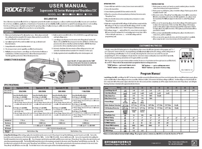 Supersonic V2 50A 60A 90A 110A ESC USER MANUAL 11024 1077 17 | PDF