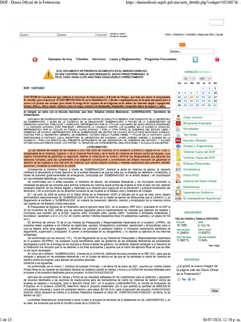 Indicadores Financieros DOF 13/07/2021 | PDF | México | Justicia