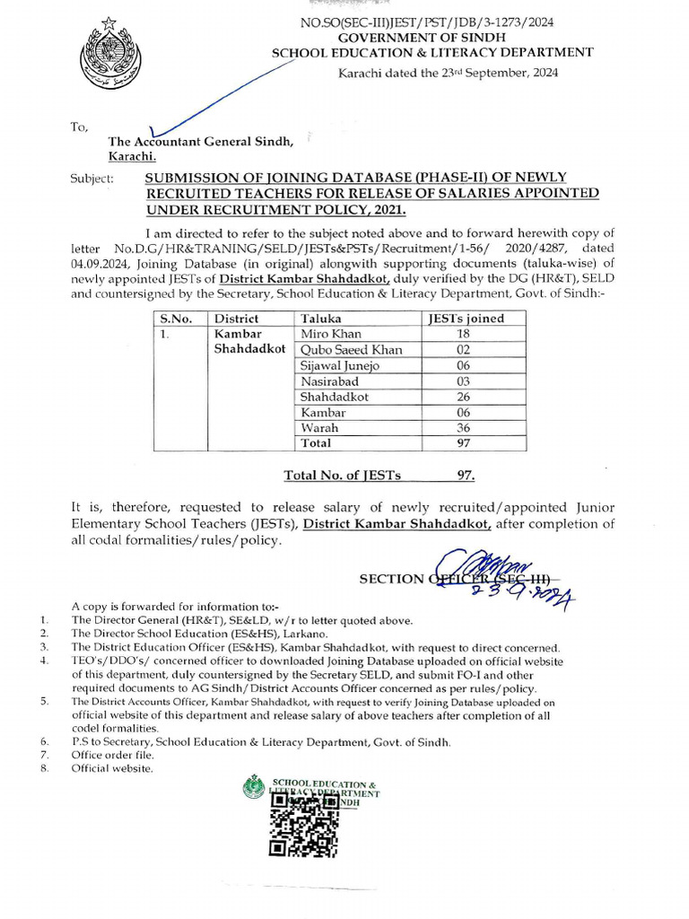 Letter To AG Sindh Regarding Submission of Joining Database (Remaining ...