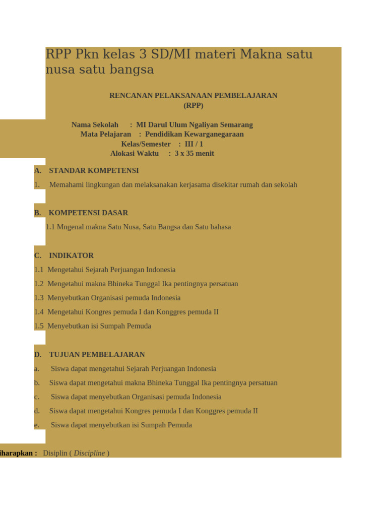 RPP PKN Kelas 3 SD MI Materi Makna Satu | PDF