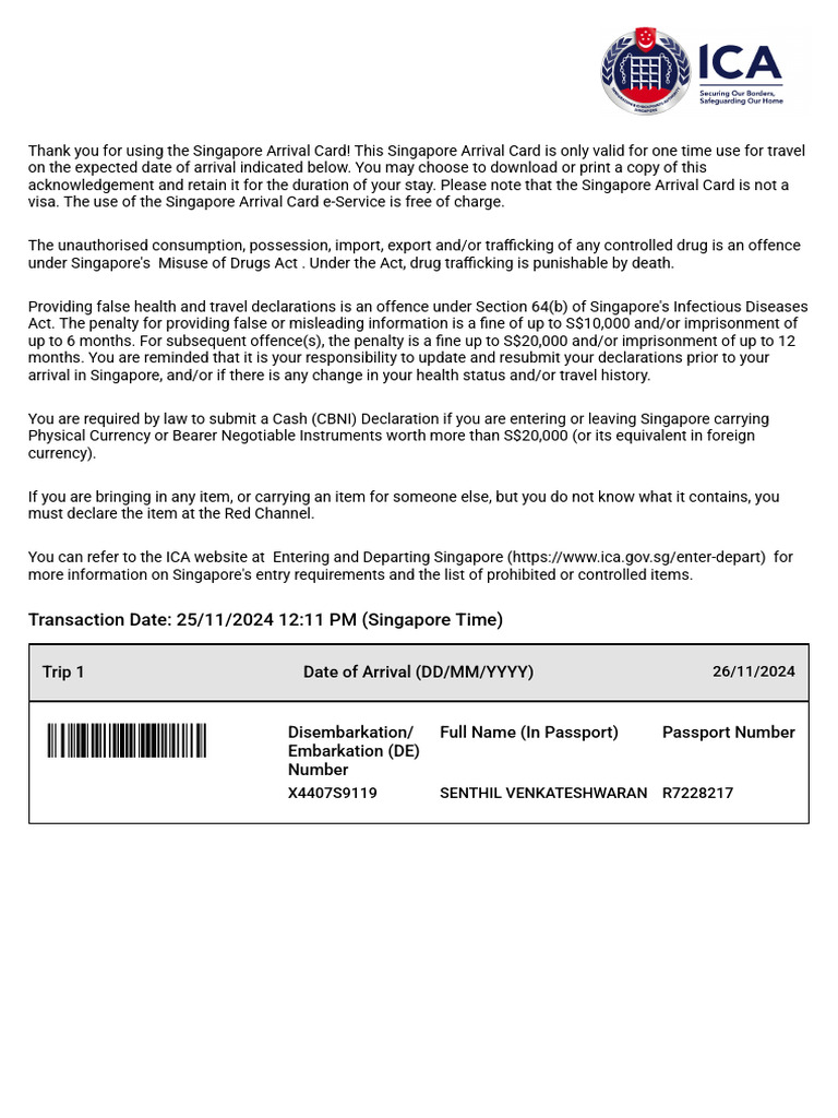 Singapore Arrival Card Acknowledgement | PDF
