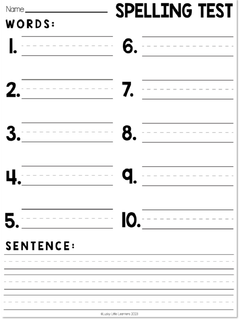 Spelling Test Template 10 Words Sentence Line | PDF