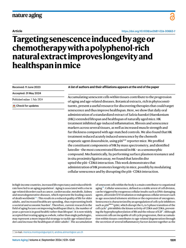 2024 Zumerle S. Targeting Senescence Induced by Age or Chemotherapy ... 2024 Zumerle S. Targeting Senescence Induced by Age or Chemotherapy ...