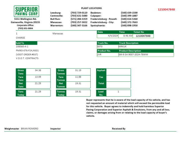 4-4-2024 PM9O - SM9.5A (Ty II) Tickets (Manassas Plant) 21.29 Tons (1 ...