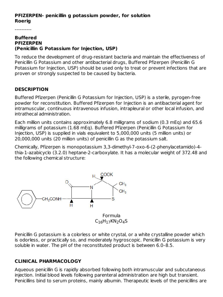 PFIZERPEN - Penicillin G Potassium Powder, For Solution Roerig | PDF ...
