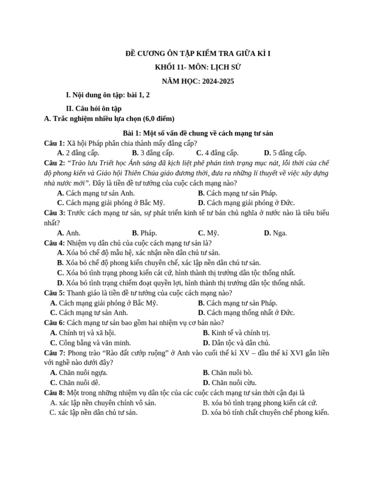 ĐỀ CƯƠNG ÔN TẬP LỊCH SỬ K11 | PDF