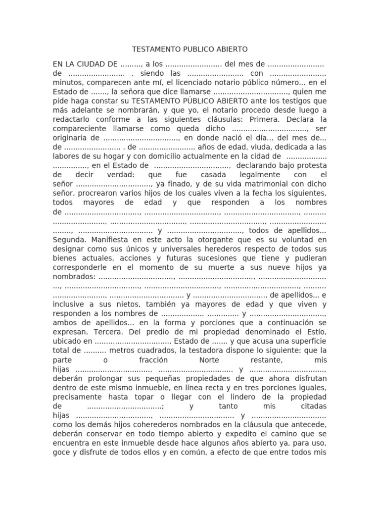 Testamento Publico Abierto | PDF | Propiedad | Voluntad y testamento