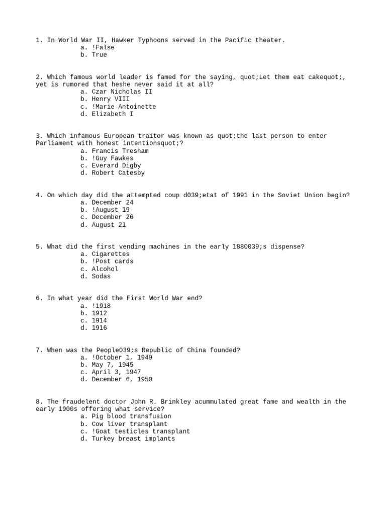 Historical Quiz Questions and Answers | PDF