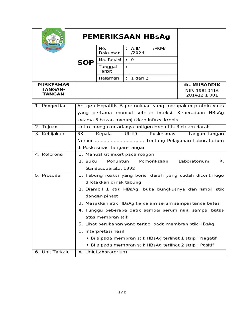 SOP PEMERIKSAAN HBsAg | PDF
