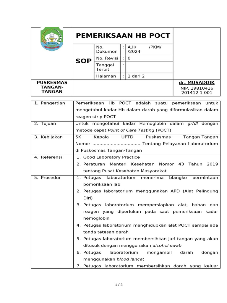 Sop Pemeriksaan HB Poct | PDF