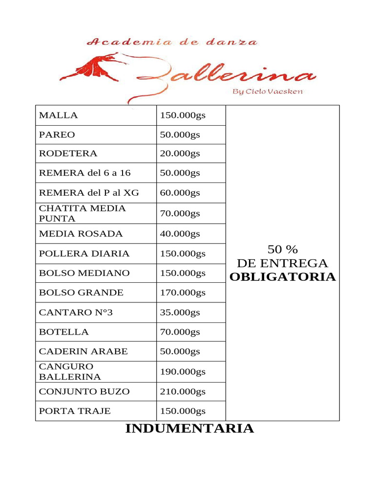 Lista de Precios de Indumentaria y Accesorios | PDF