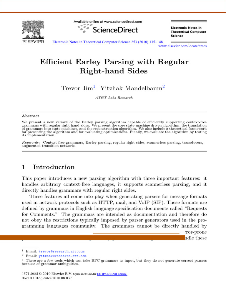 Efficient Earley Parsing with Regular Right-hand Sides | PDF | Parsing | Computer Science