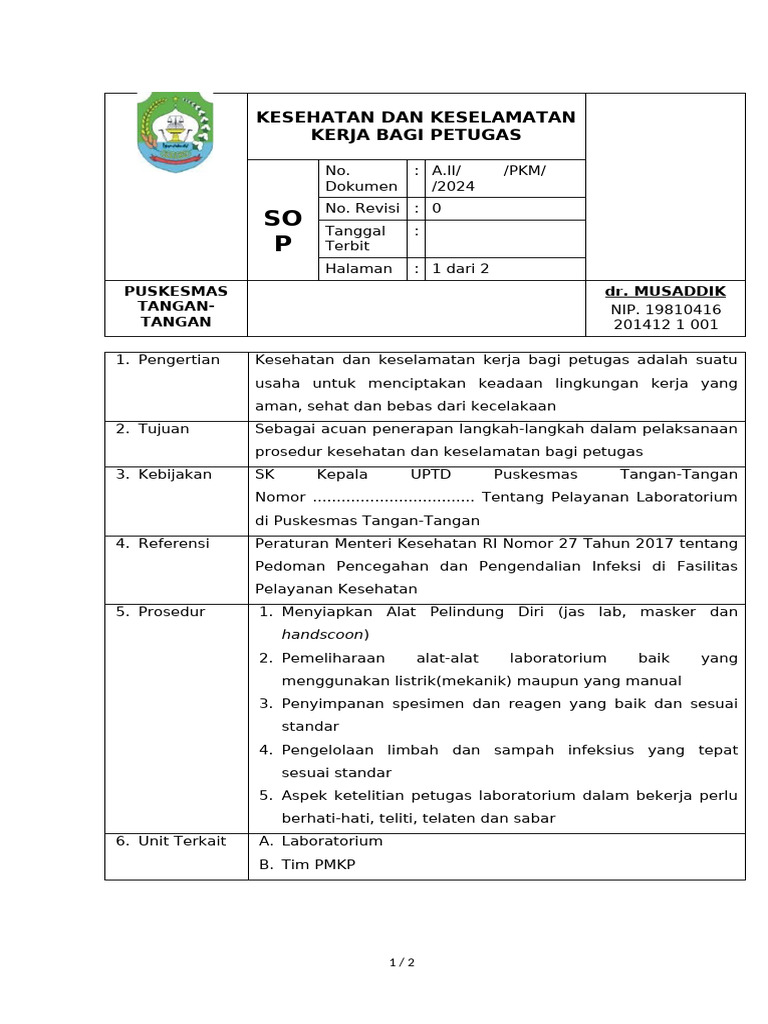 Sop Kesehatan Dan Keselamatan Kerja | PDF