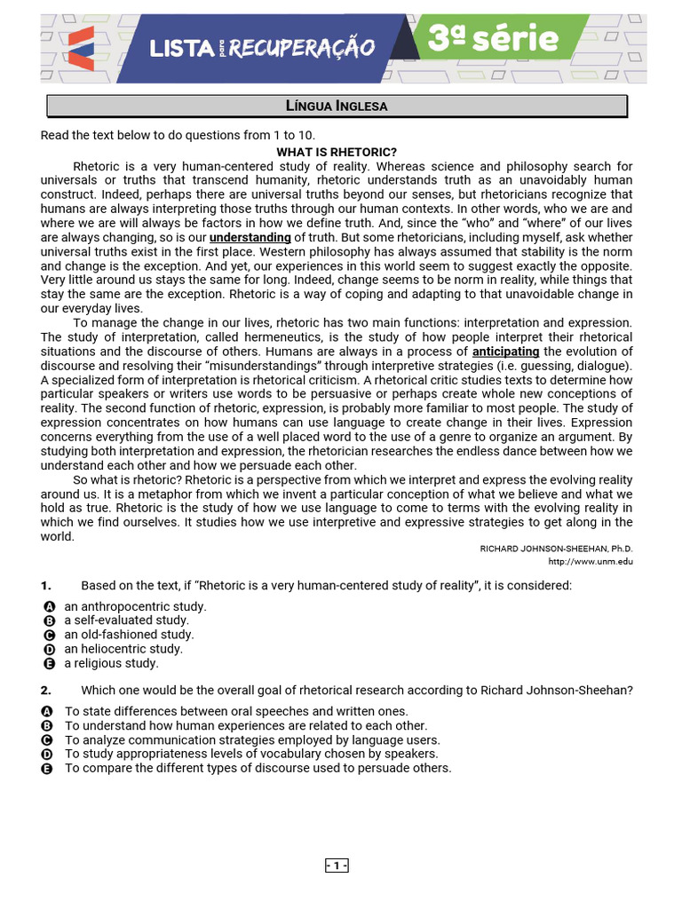 3a Série Lista Recup Língua Inglesa | PDF | Rhetoric | Mc Donald's