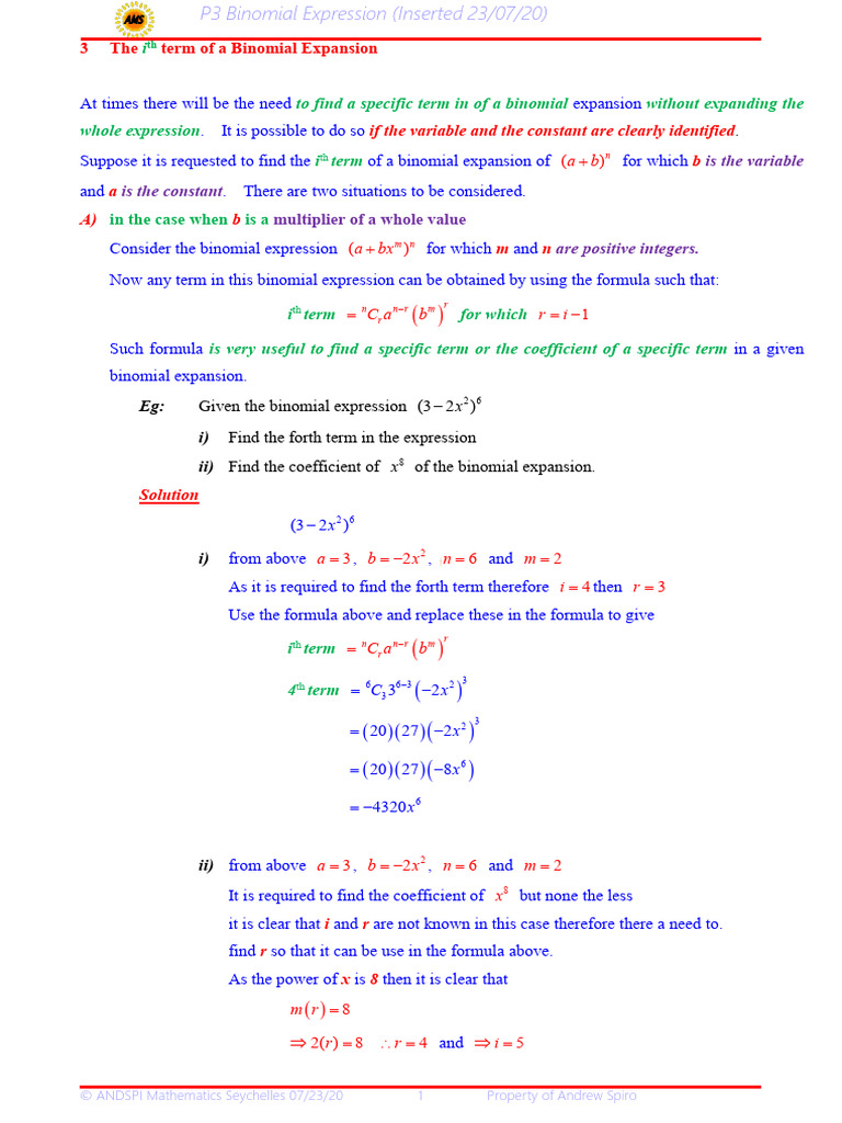 Finding Specific Terms in Binomial Expansions | PDF | Combinatorics ...