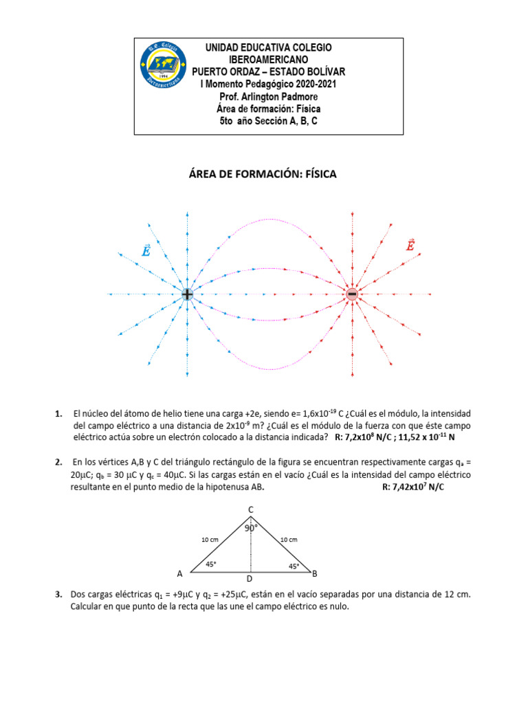 Área de Formación: Física: GUÍA DE EJERCICIOS. Campo Eléctrico | PDF ...
