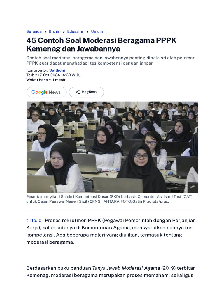 45 Contoh Soal Moderasi Beragama PPPK Kemenag Dan Jawabannya | PDF