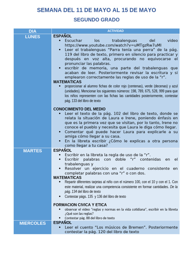 Segundo Grado Semana Del 11 Al 15 de Mayo | PDF