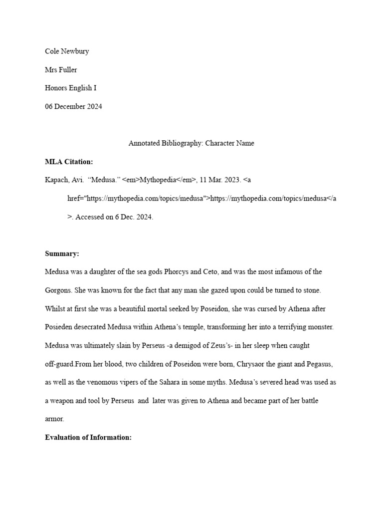 Greek Mythology Research Annotated Bibliography | PDF