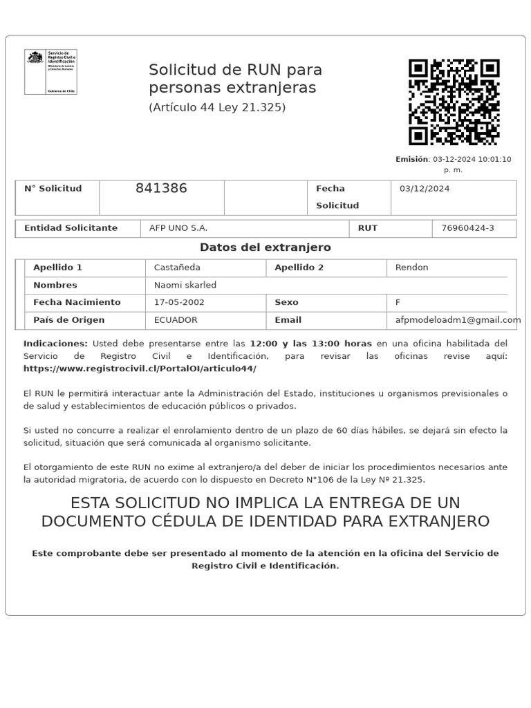 Solicitud De Run Para Personas Extranjeras Pdf Documento De Identidad Gobierno Y Personalidad
