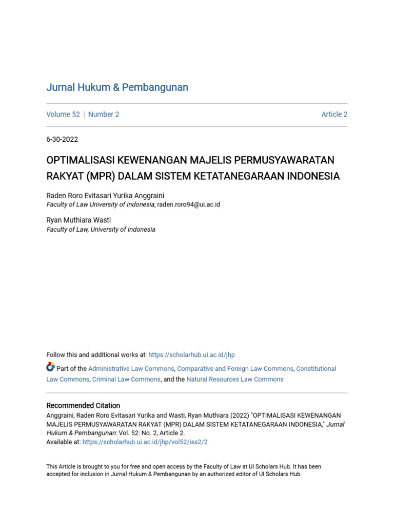 Optimalisasi Kewenangan Majelis Permusyawaratan Rakyat (MPR) Dala | PDF