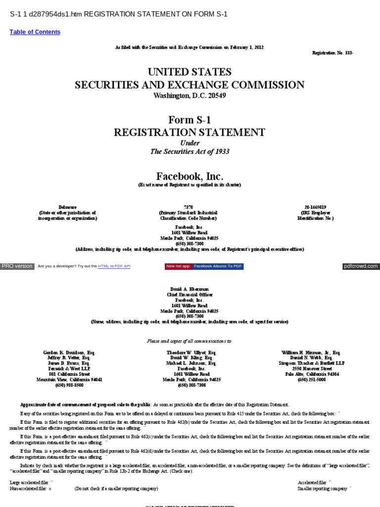 Facebook IPO: Registration Statement on Form S-1 | Facebook | Initial ...