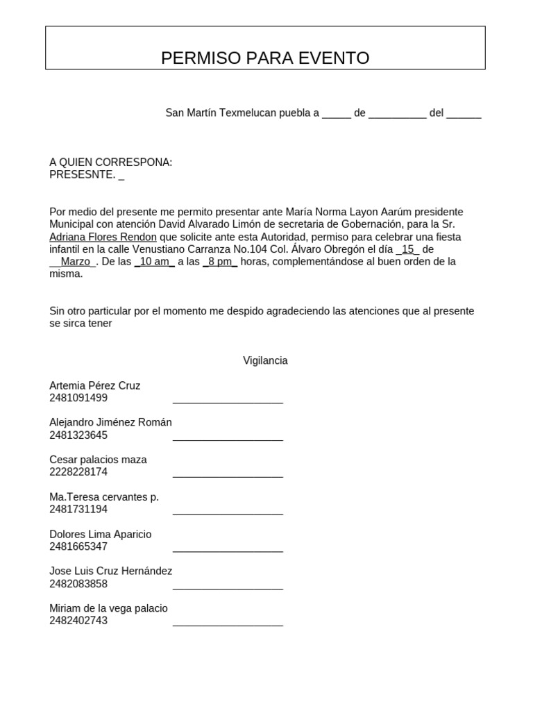 Permiso Para Evento | PDF