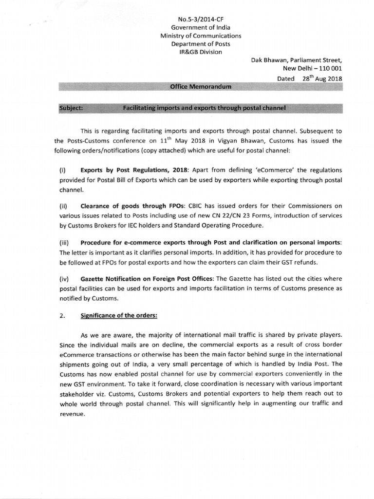 Postal Channel for Imports and Exports | PDF | Customs