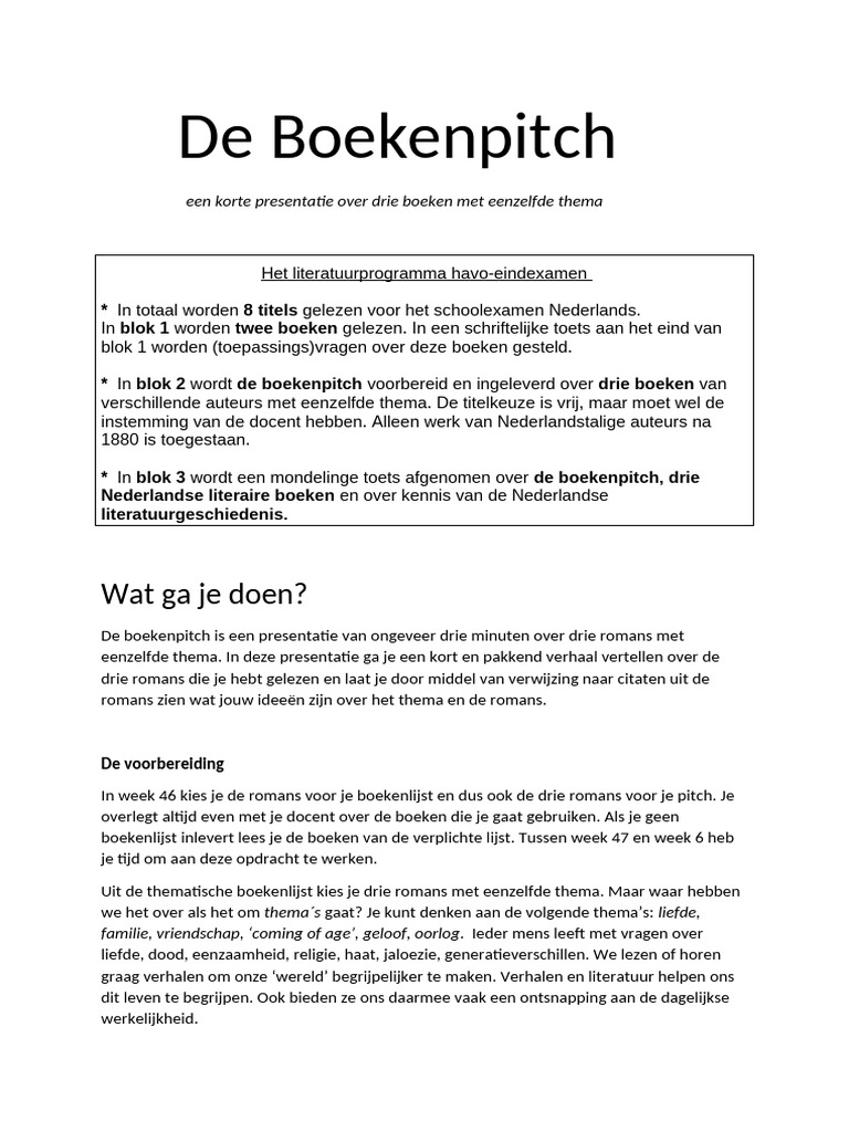 Opdracht de Boekenpitch Havo - Eindversie | PDF