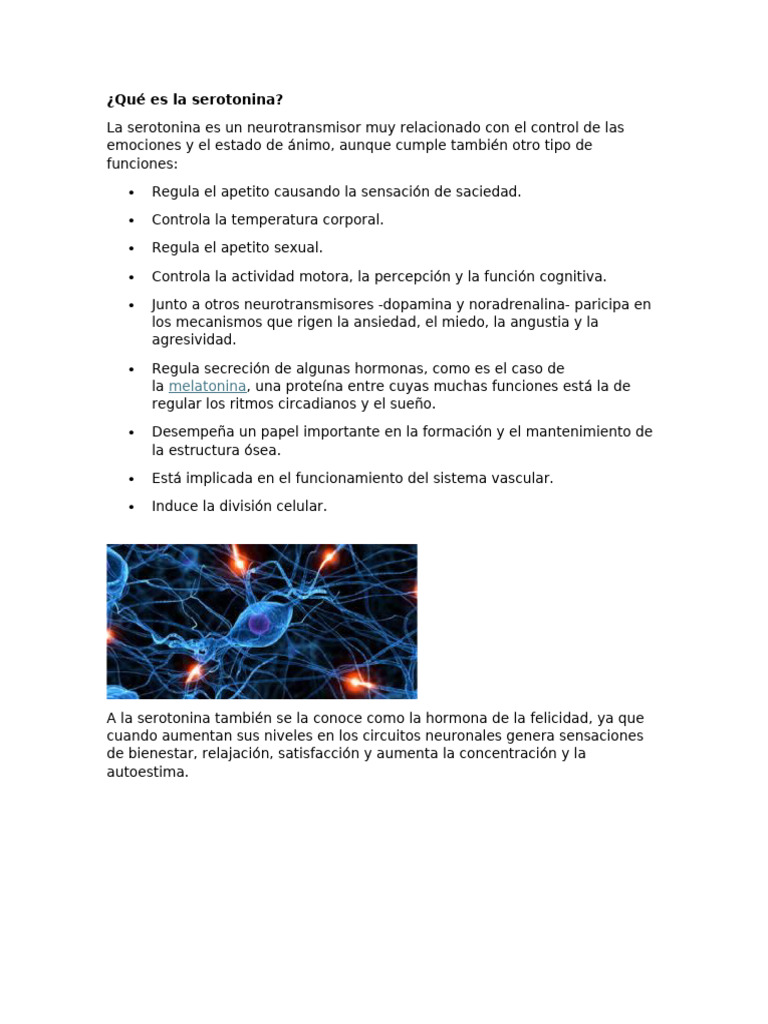 Funciones y producción de serotonina | PDF | Serotonina | Sinapsis