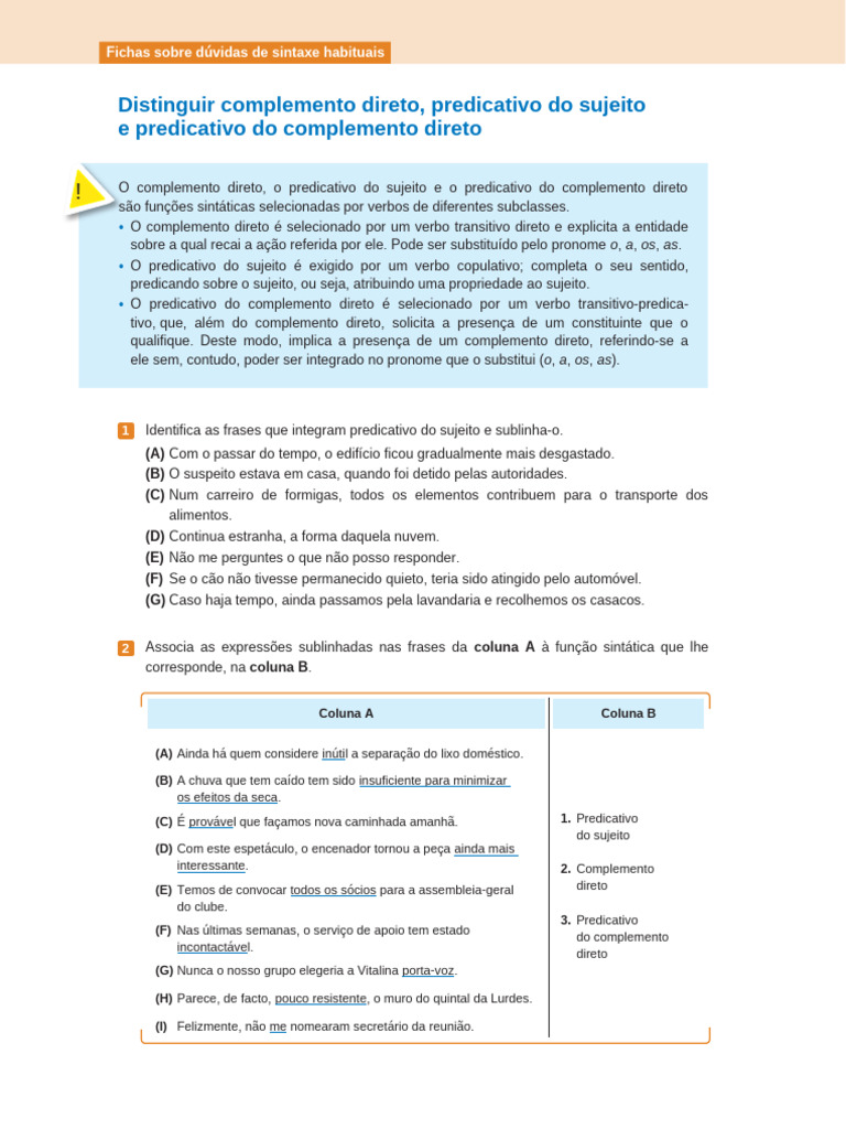 Distinguir complemento direto, predicativo do sujeito e predicativo do complemento direto | PDF ...