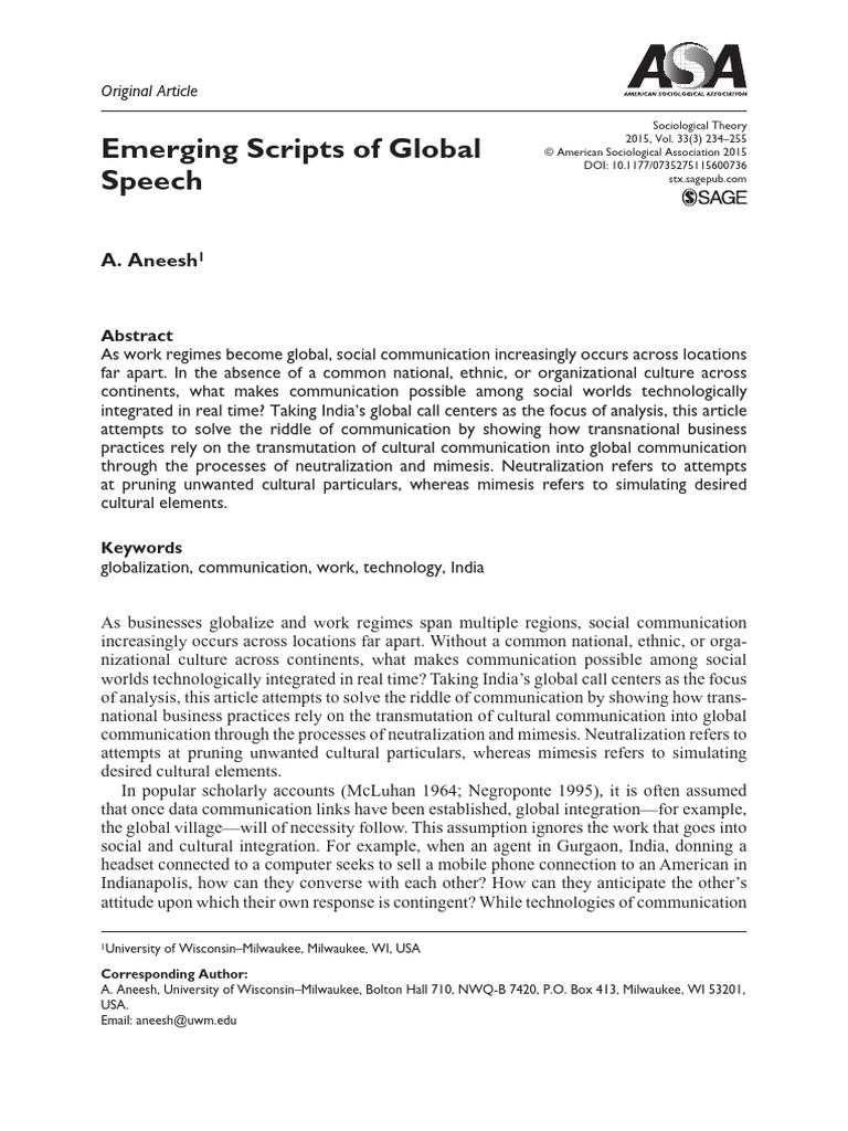Aneesh, Emerging Scripts of Global Speech | PDF | Stress (Linguistics) | English Language