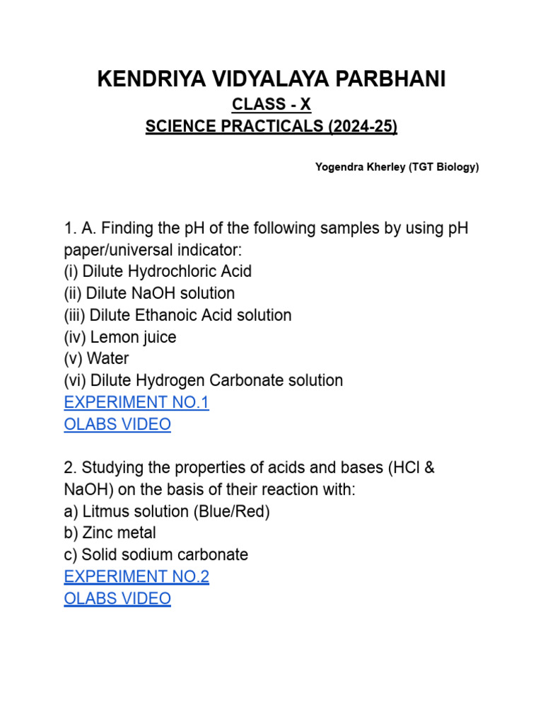 Science Practicals Class X | PDF | Acid | Sodium Hydroxide
