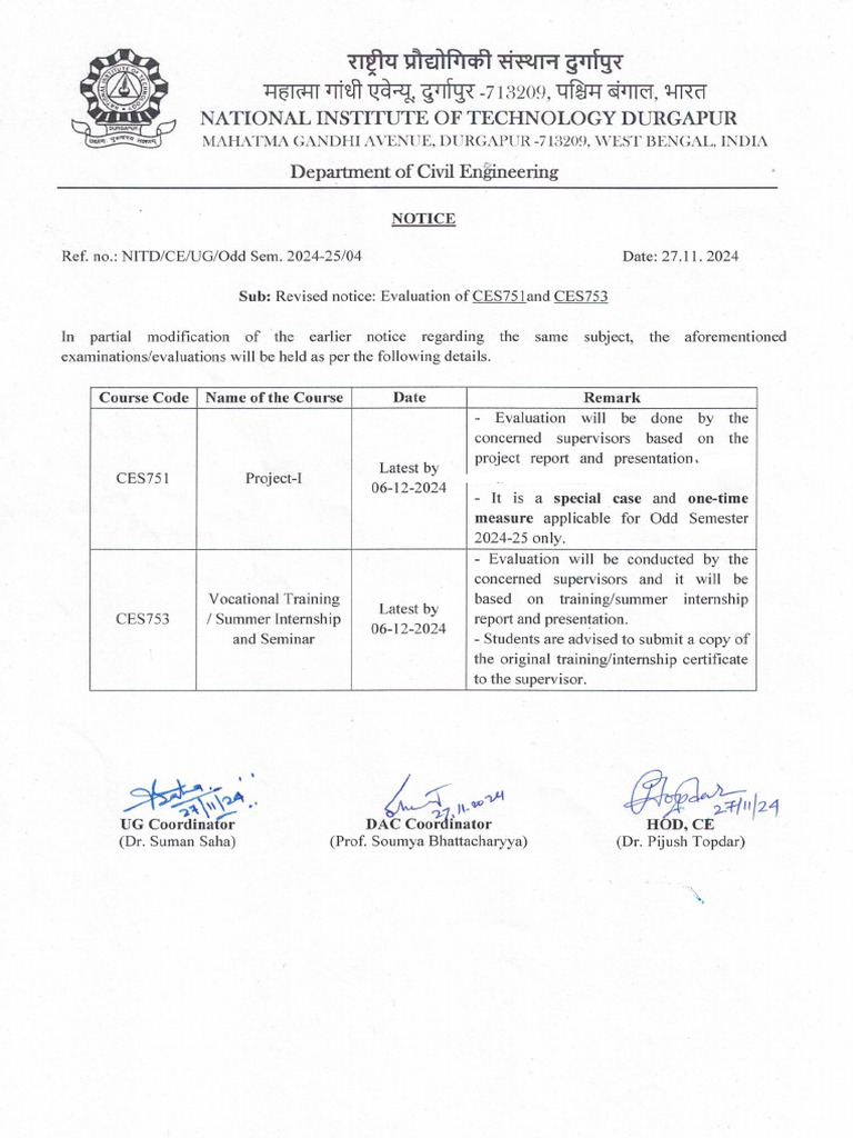 NOTICE (Revised) - CES751 and CES753 - Odd Sem - 2024-25 | PDF