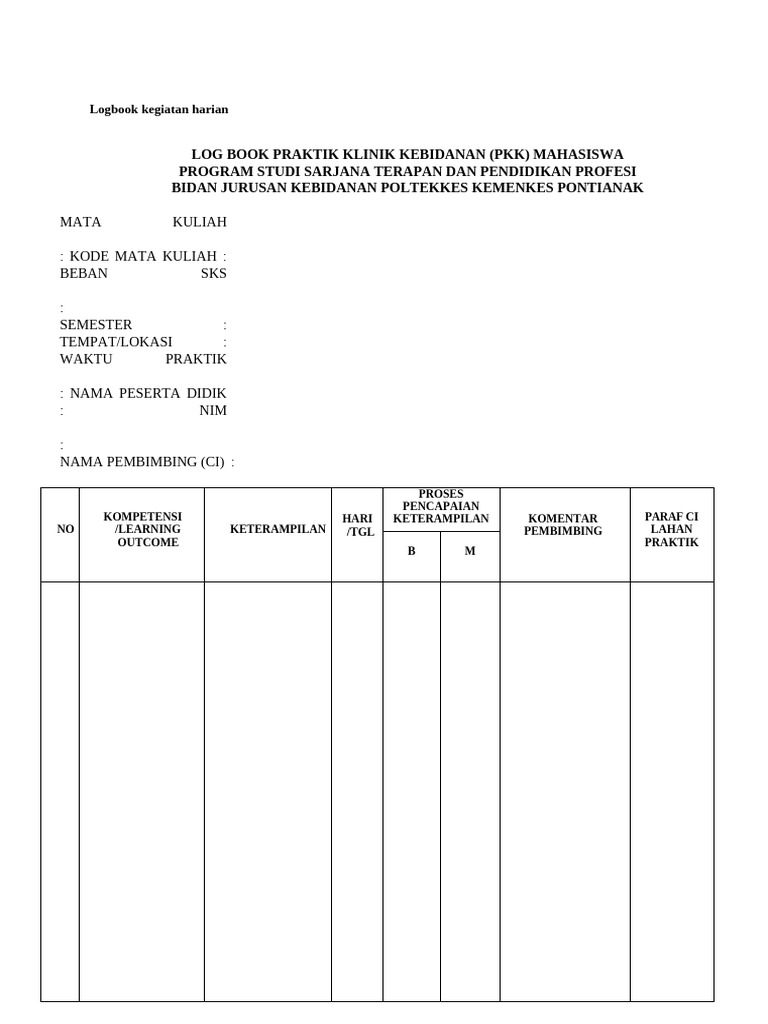Logbook Kegiatan Harian, Absensi Kelompok Dan Individu, Lembar Pre Dan ...