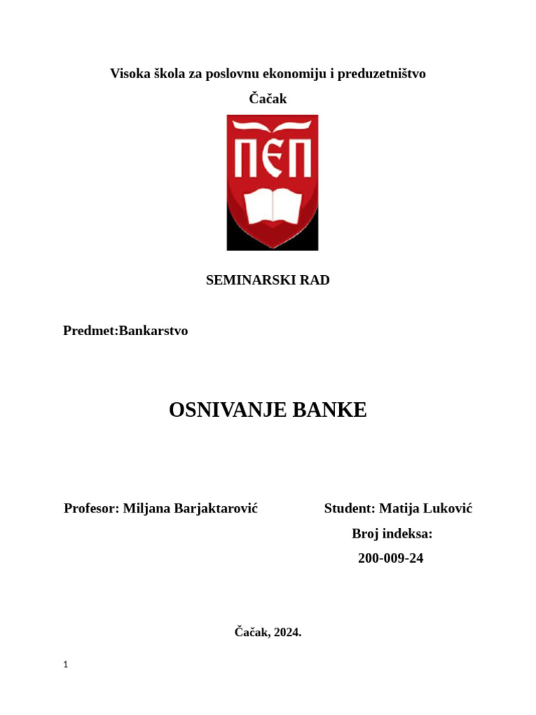 Seminarski Rad Osnivanje Banke | PDF