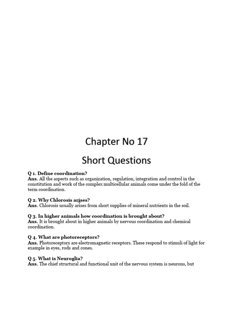 Chapter 17 Bio 2nd Year Short Questions | PDF | Nervous System | Neuron