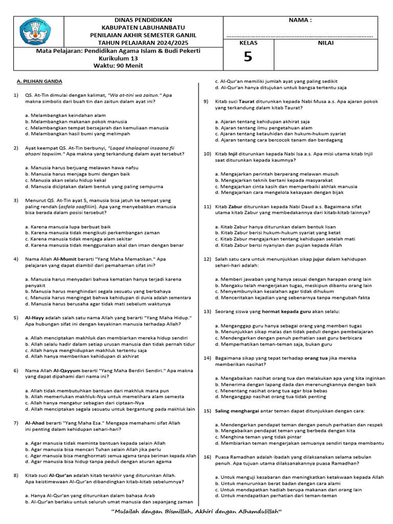 Soal Pai Kelas 5 Kurikulum 13 | PDF