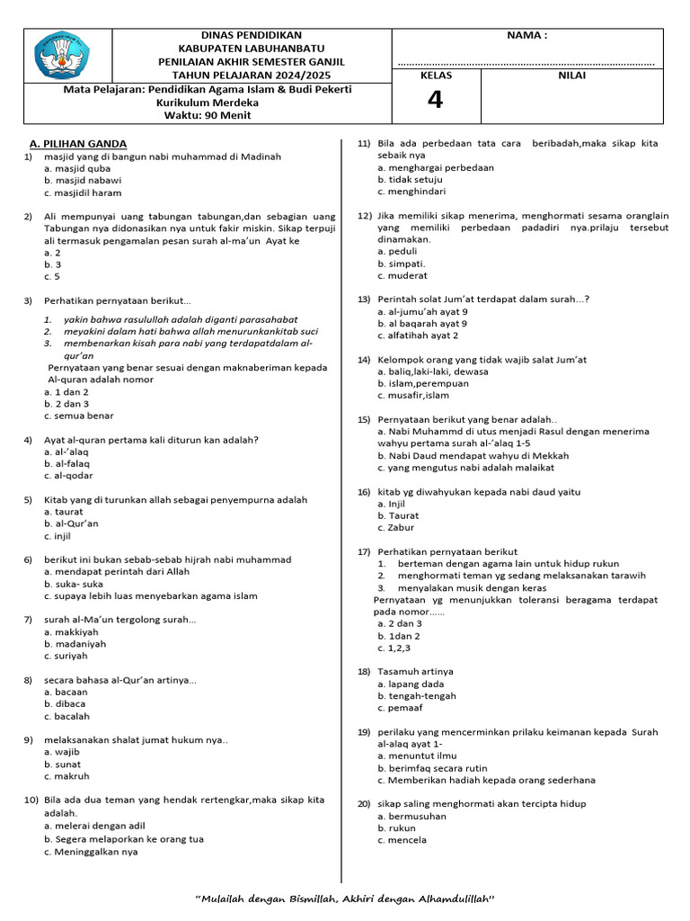 Ujian PAI Kelas 4 Semester Ganjil | PDF
