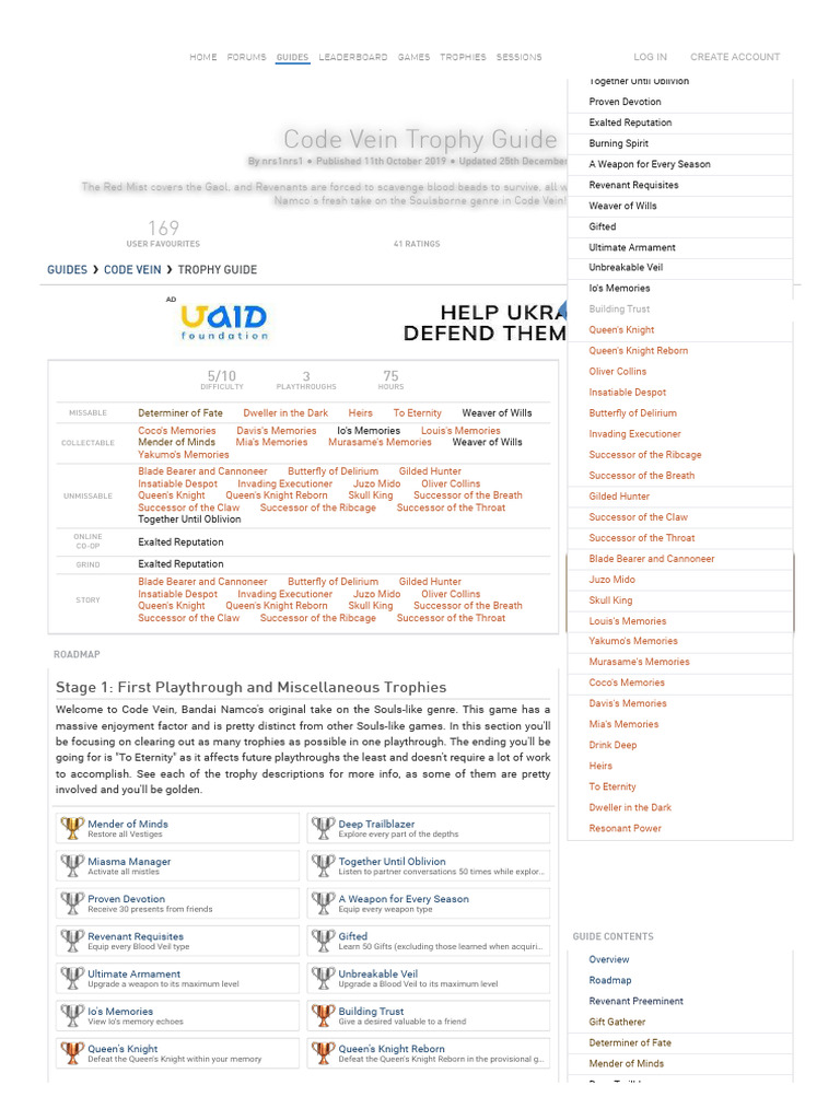 Code Vein Trophy Guide & Roadmap | PDF | Video Game Gameplay