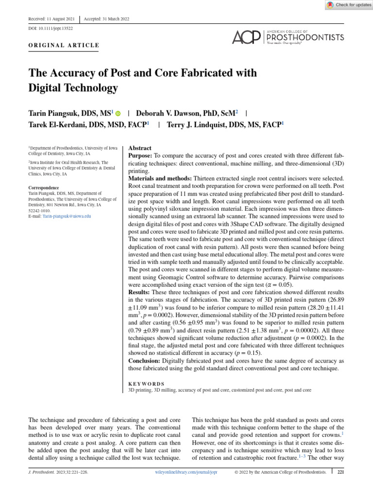 The Accuracy of Post and Core Fabricated with Digital Technology | PDF ...