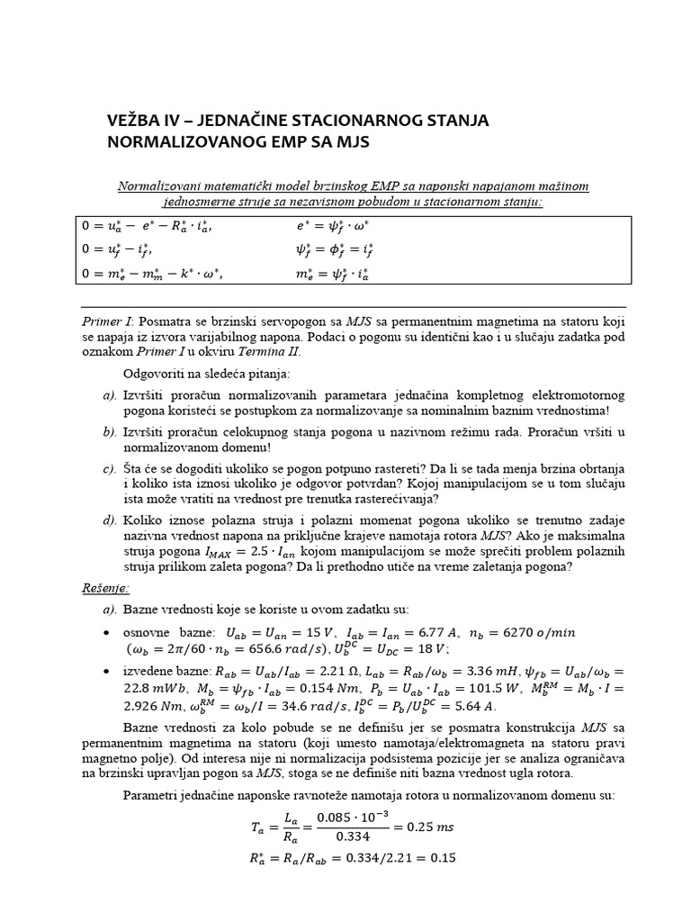 Vezba IV Jednacine Stacionarnog Stanja Normalizovanog EMP Sa MJS | PDF