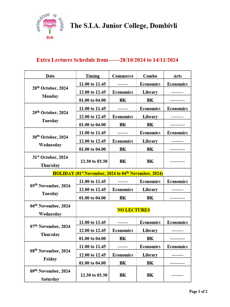 Extra Lecture Schedule 2024-25 | PDF