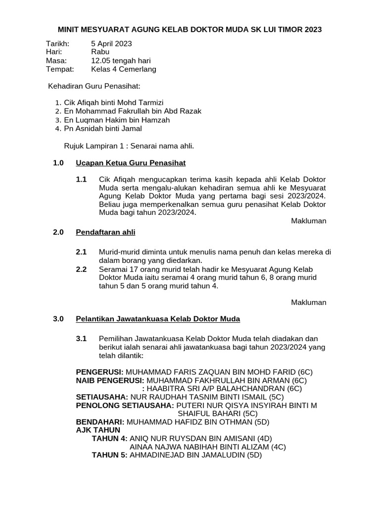 Minit Mesyuarat Agung KDM | PDF